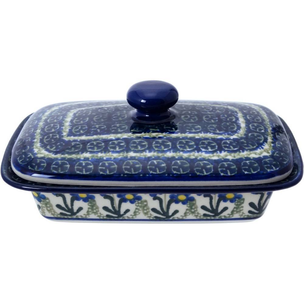 Polish Pottery Flat Butter Dish Poppies Blue — The Bramble Patch